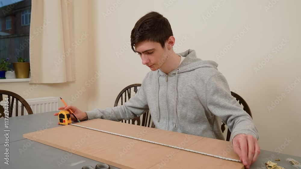 Boy holding pencil and tape measure, drawing straight guidelines. Male ...