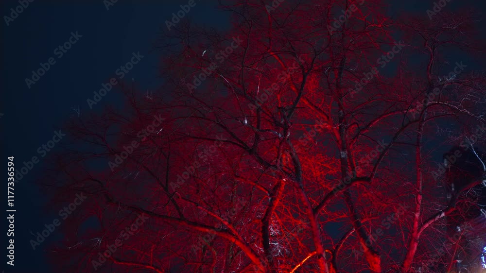 Tree glowing in vivid red light at night, branches forming intricate ...
