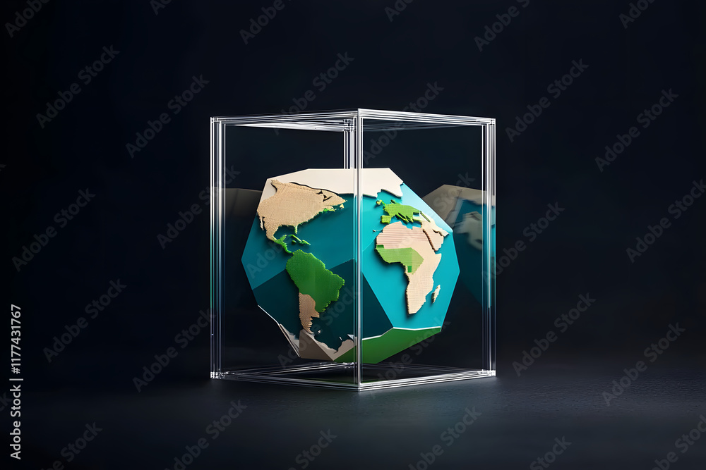 transparent cube showcases holographic map of globe, highlighting ...