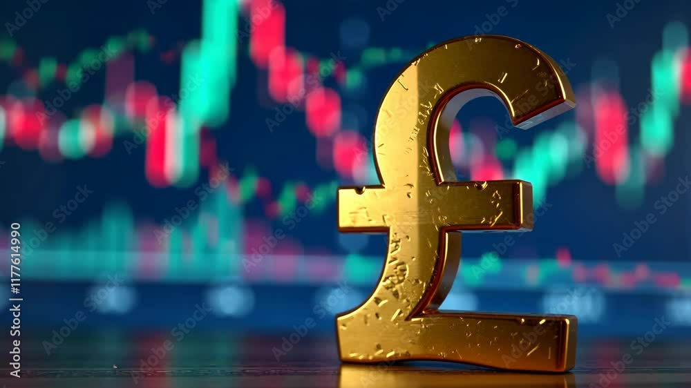Gold British Pound Symbol in Front of a Fluctuating Financial Market ...