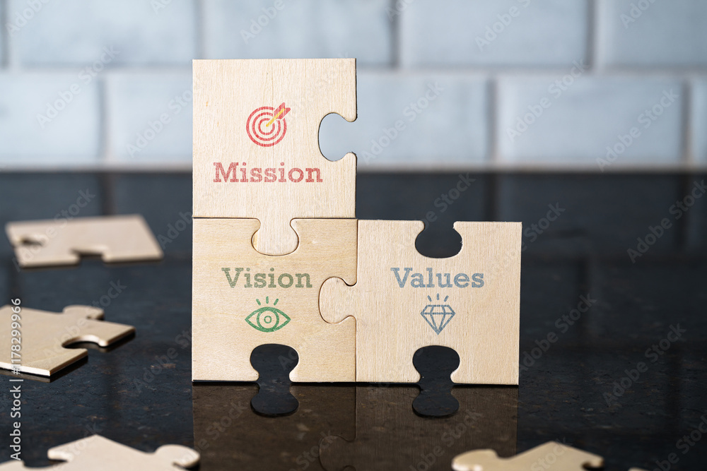 Poster Mission vision values statement, wooden puzzle pieces ...
