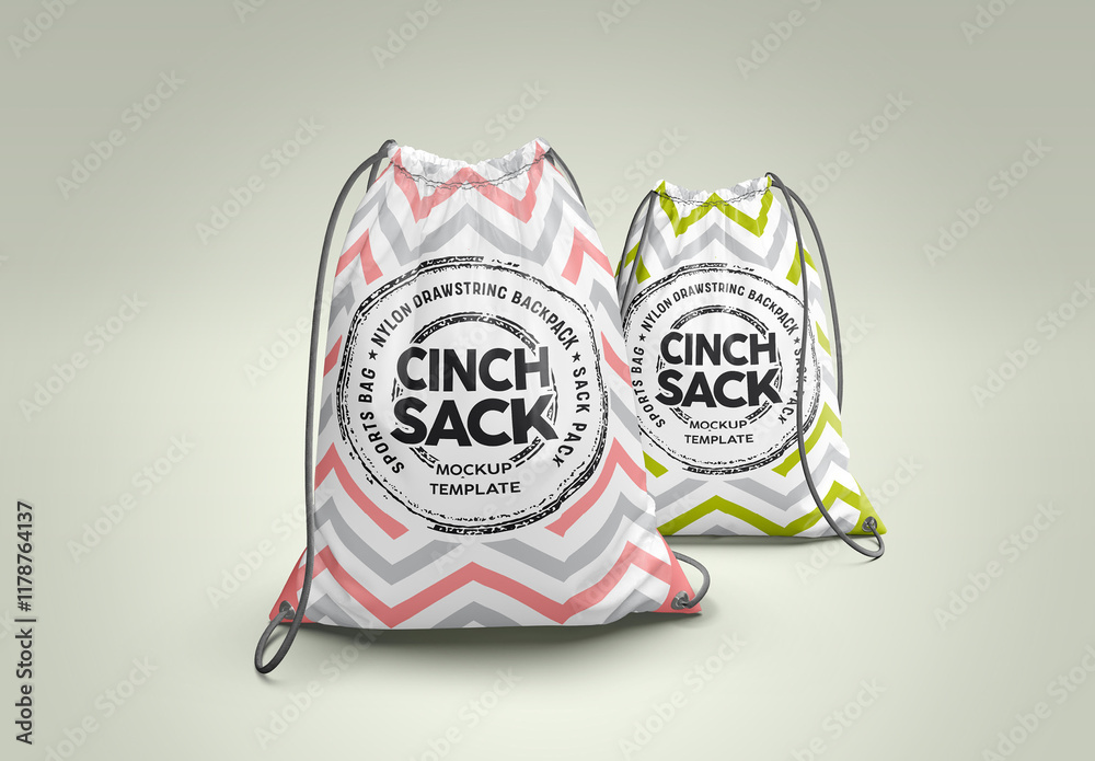 Pair of Drawstring Backpack Cinch Sacks Front View Mockup Stock ...