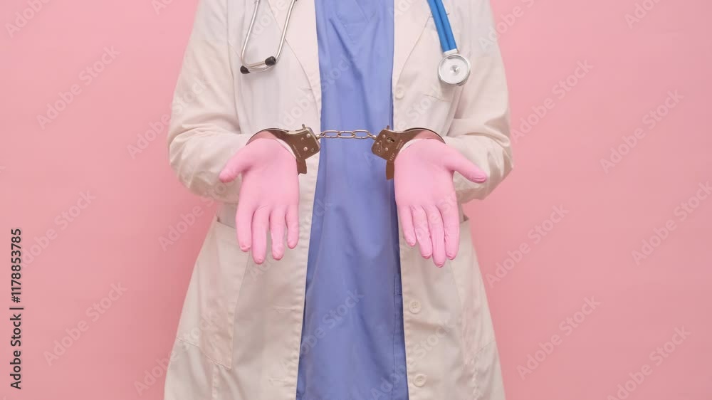Female doctor with hands handcuffed during arrest, studio pink ...