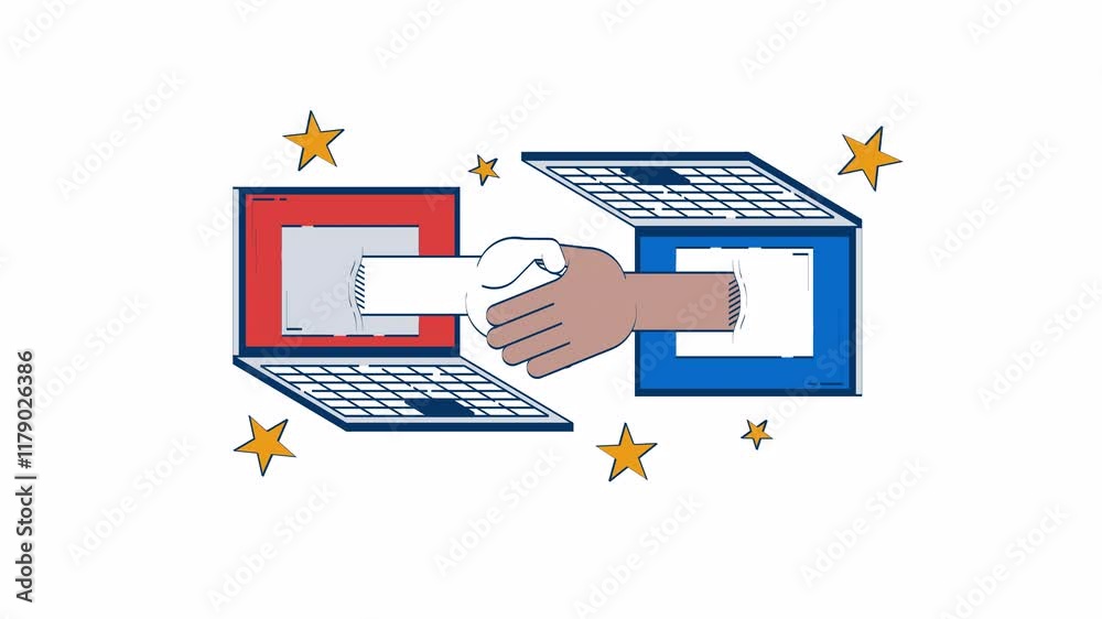 Virtual handshake connecting two laptops doodle animation. Agreement ...