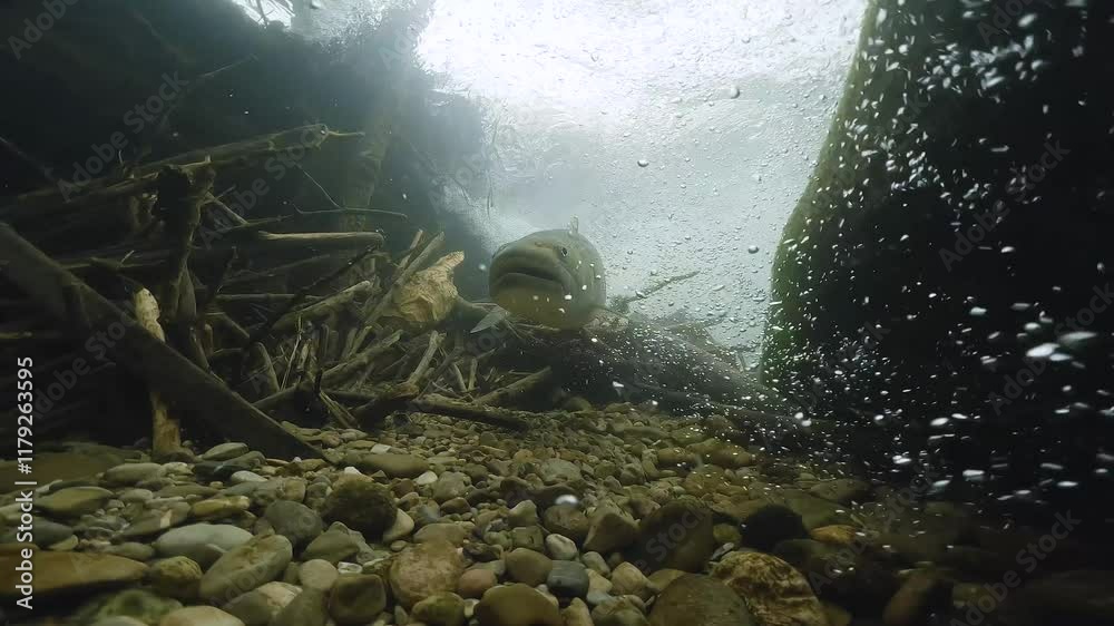 Underwater Close-up footage of Huchen freshwater fish, Danube salmon ...