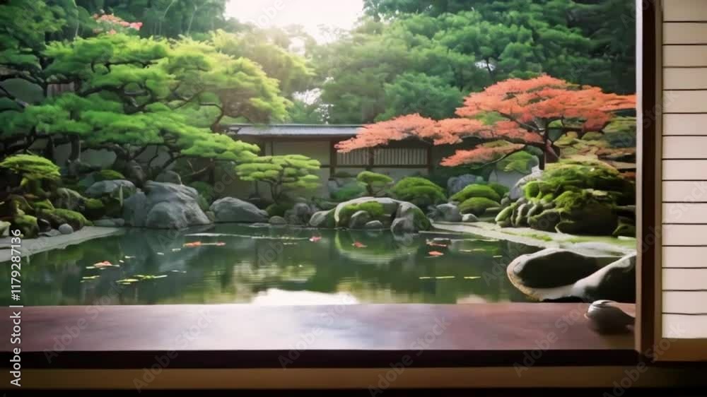 A cozy tatami mat living room sliding shoji doors lush Japanese garden ...