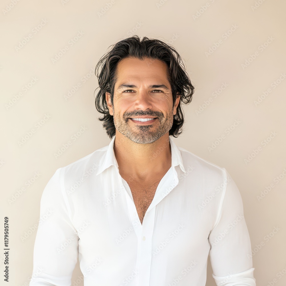 Confident Puerto Rican man in white shirt smiling at camera Stock Photo ...