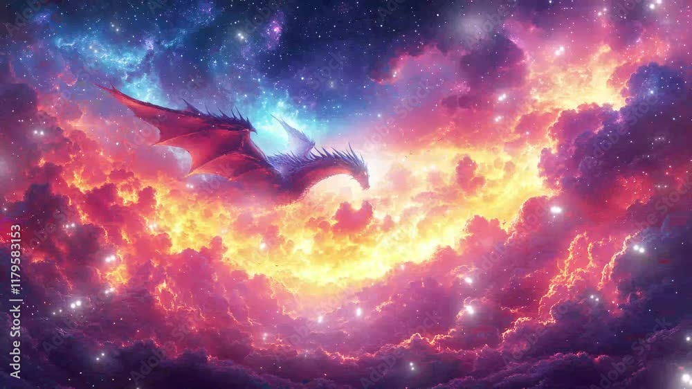 Majestic dragon gliding through a vibrant cosmic tapestry at twilight ...