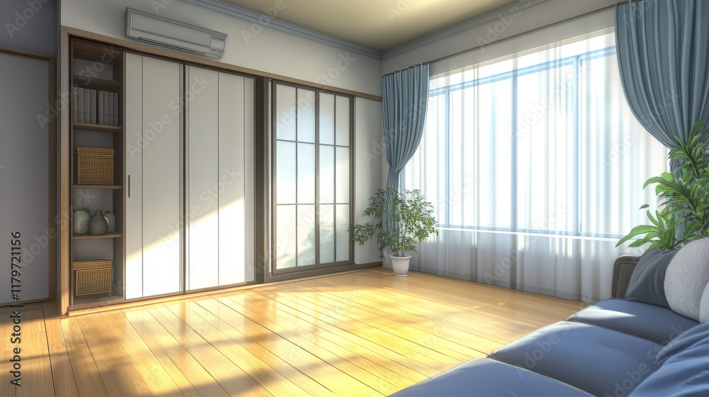Living room interior with couch, wardrobe, curtained window and door ...