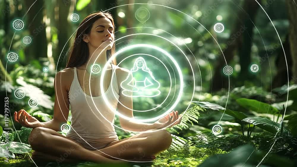 A peaceful woman meditates in a lush green forest, glowing chakra ...