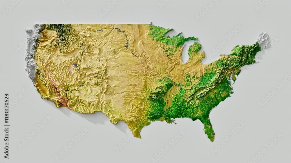 Layered view of a detailed topographic map of the USA. Height ...