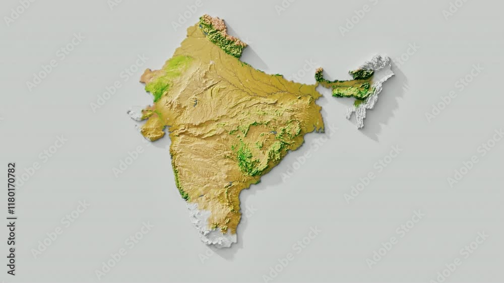 Layered view of a detailed topographic map of India. Height, mountains ...