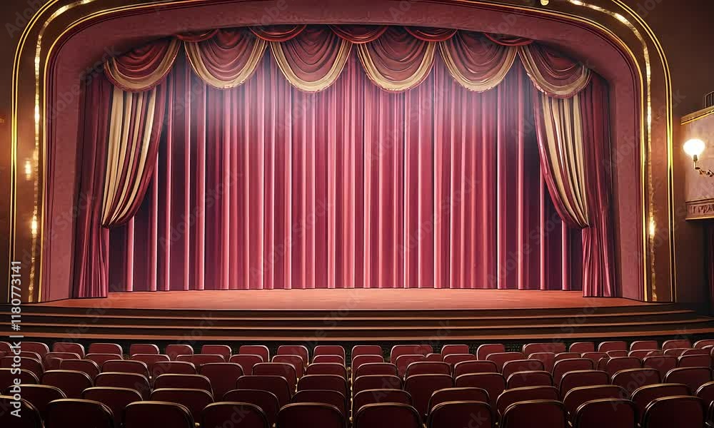 Elegant vintage theater interior with red velvet curtains and empty ...