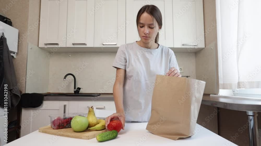 teenage girl takes groceries out of a shopping bag at the kitchen, teen ...