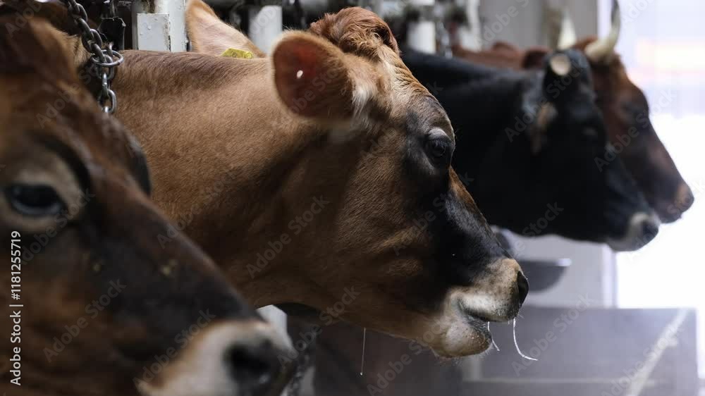 Winter Barn Scene with Cows Breathing Steam by Feeding Troughs.serene ...