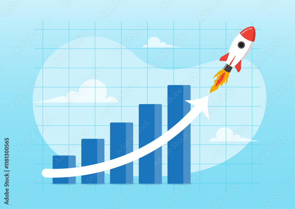 Poster financial report graph with exponential arrow from flying rocket ...