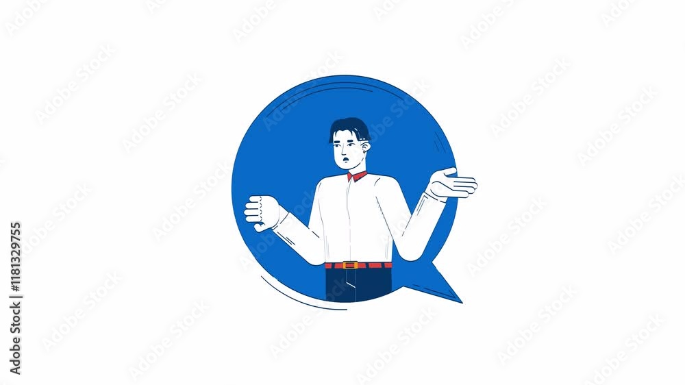 Confused man in white shirt gesturing in speech bubble 2D character ...