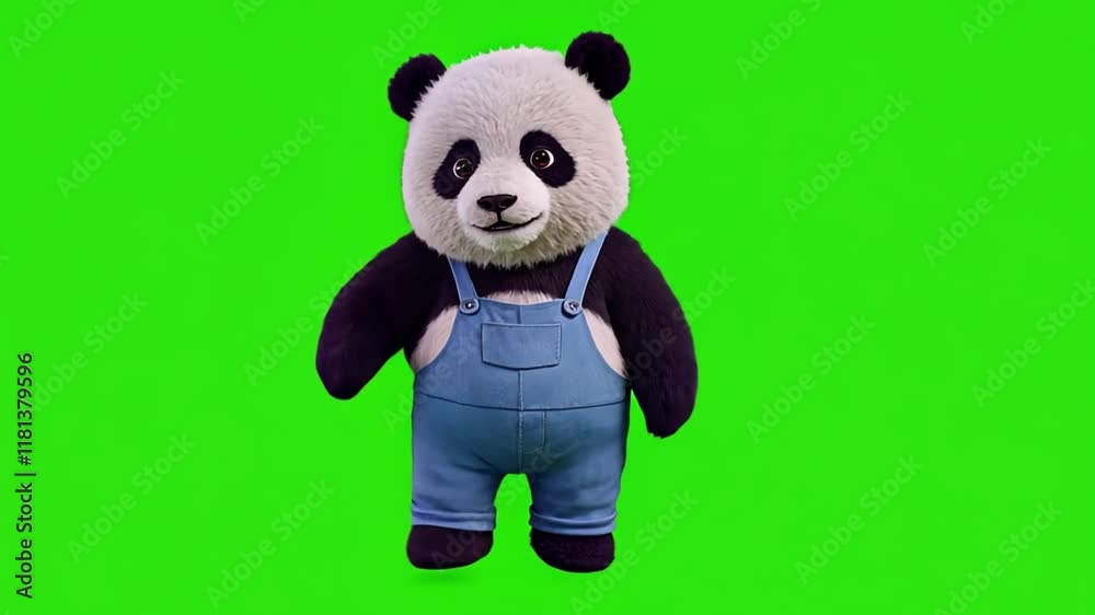 Looped dancing baby Panda bear wearing denim overalls, isolated on ...