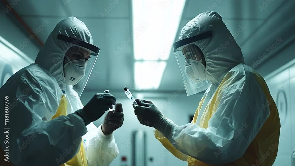 Two scientists wearing full hazmat suits collaborate in a sterile ...