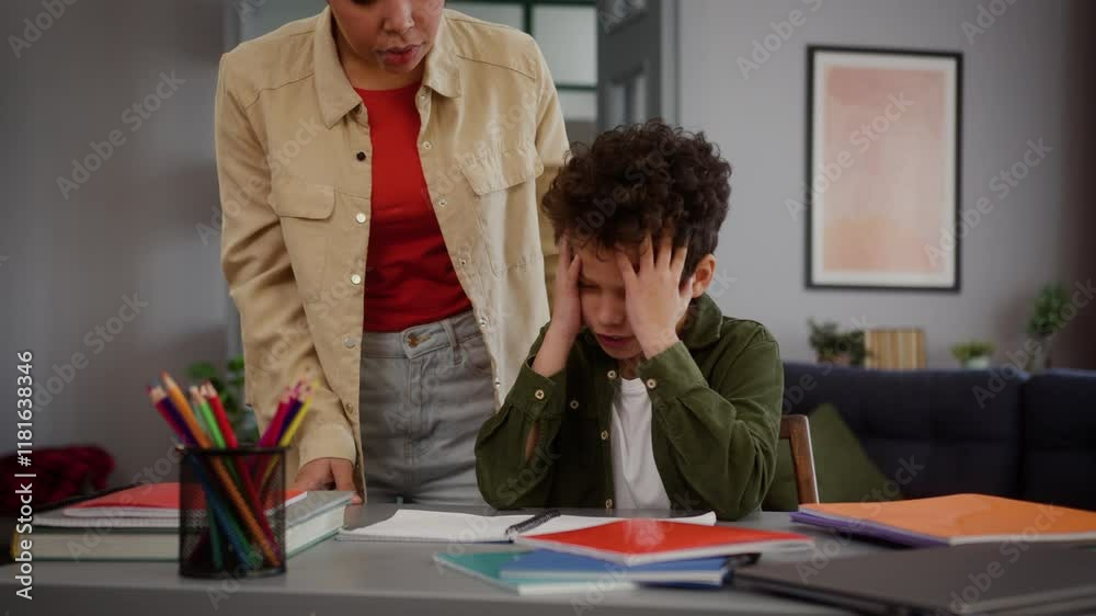 African American family at home little child kid boy studying learning ...