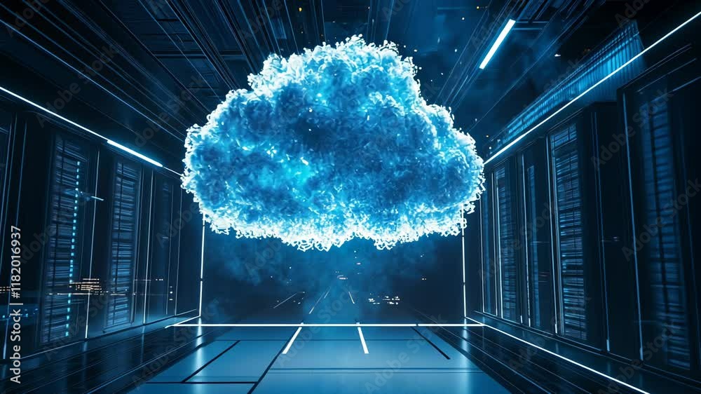 Futuristic Cloud Computing Data Center: A digital cloud floats in a ...