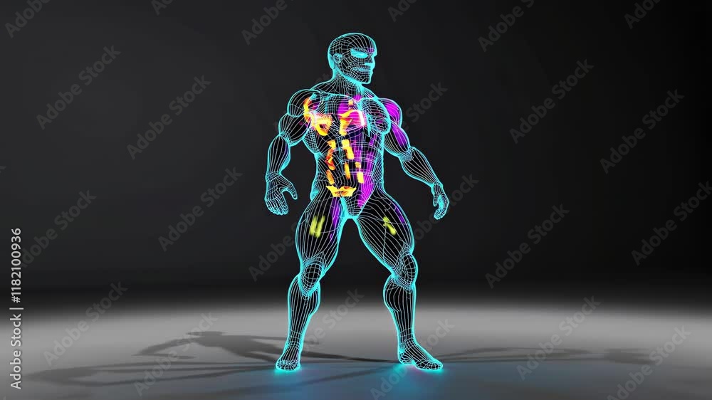 Digital representation of a human body showcasing joints and muscle ...