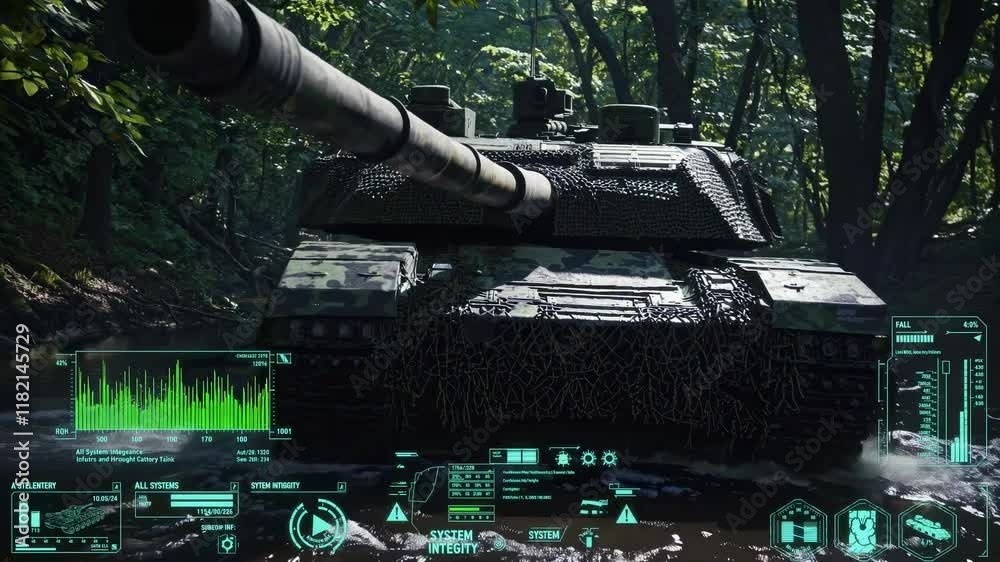 Military tank maneuvers through dense forest terrain and water ...