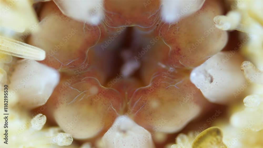 Oral side of sea urchin strongylocentrotus pallidus under microscope ...