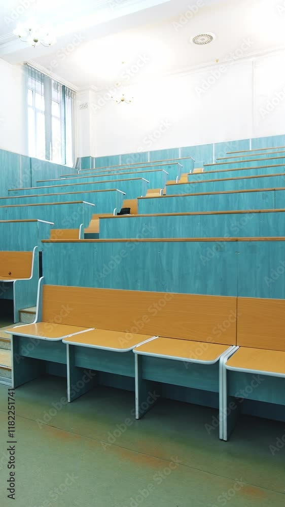 Comfortable classroom without students. Empty auditorium with wooden ...