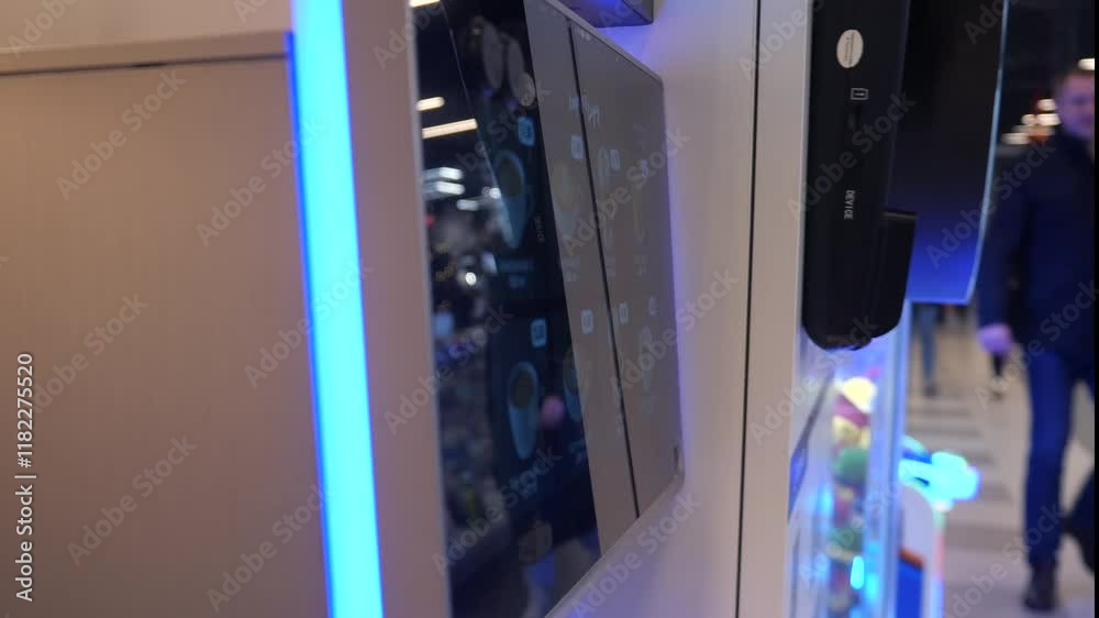 Display - touchpad of a self-service coffee shop located in a public ...