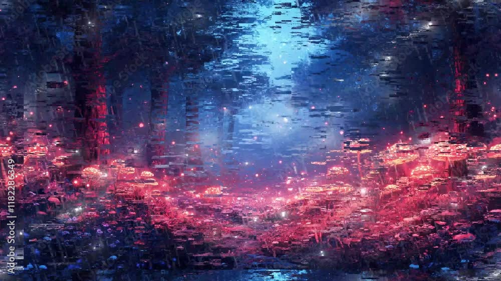 A mystical forest alive with luminous mushrooms and twinkling lights at ...