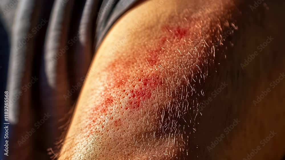 A close-up view of a severe red and inflamed skin rash on an adult's ...
