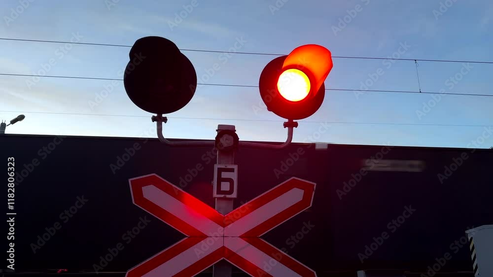 Traffic light at railway crossing. Red traffic light signal at railway ...