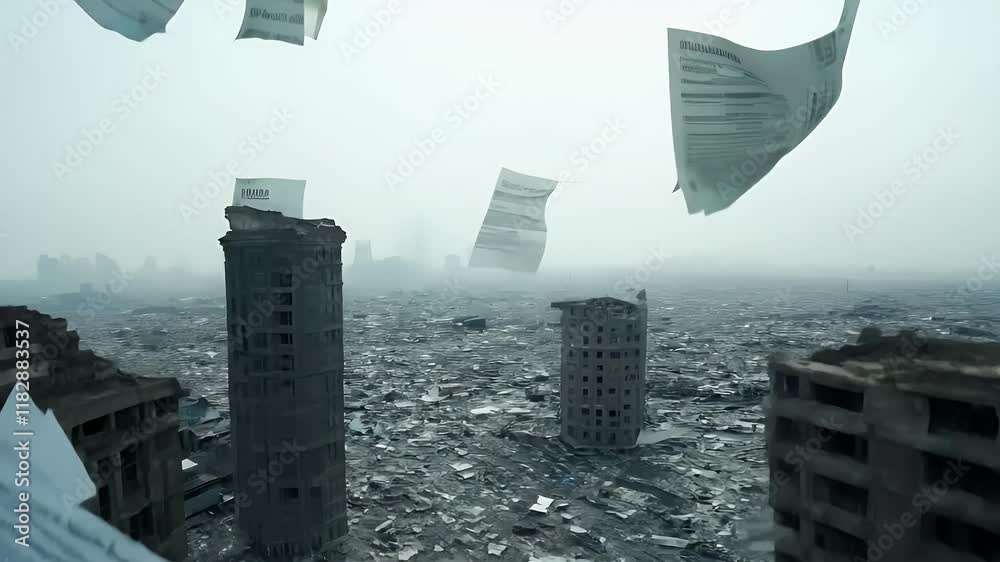 Desolate urban ruins after a catastrophic event, an aerial view of a ...