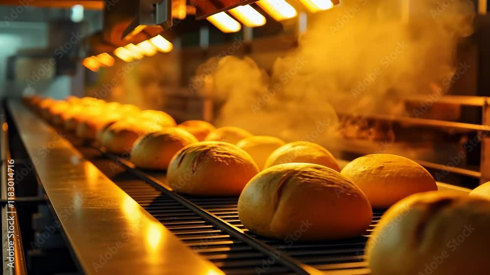 Rows of freshly baked breads cooling on a conveyor belt in a large ...