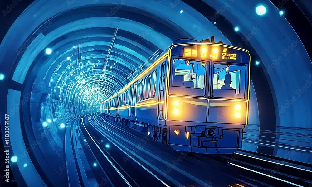 Dynamic Urban Train Journey Through a Futuristic Tunnel with Bright ...