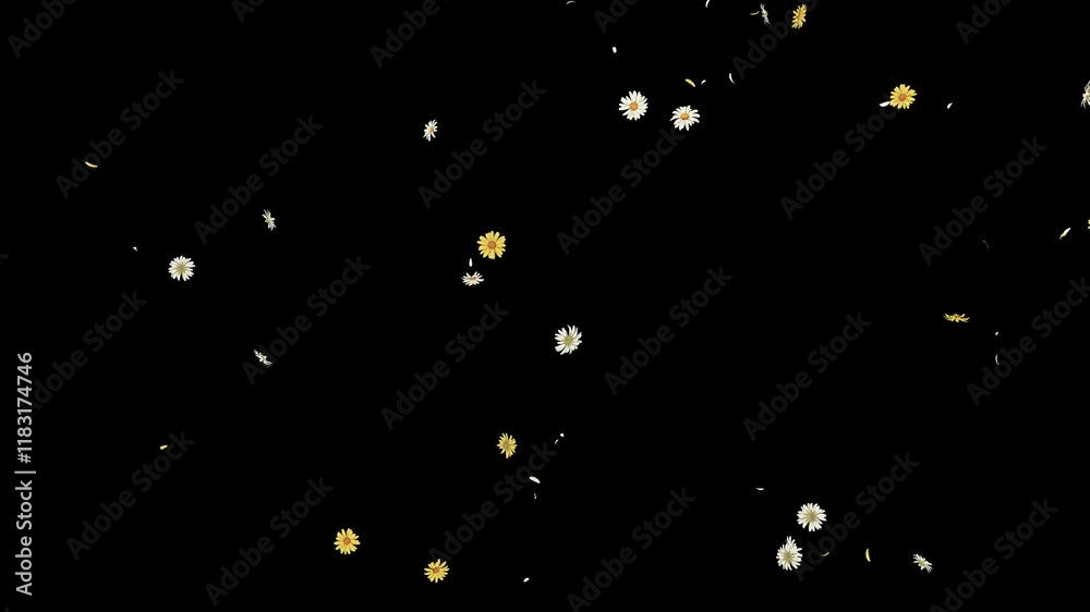 Daisy Flower Falling on Alpha Channel Loop. 3D rendering. Daisy flower ...