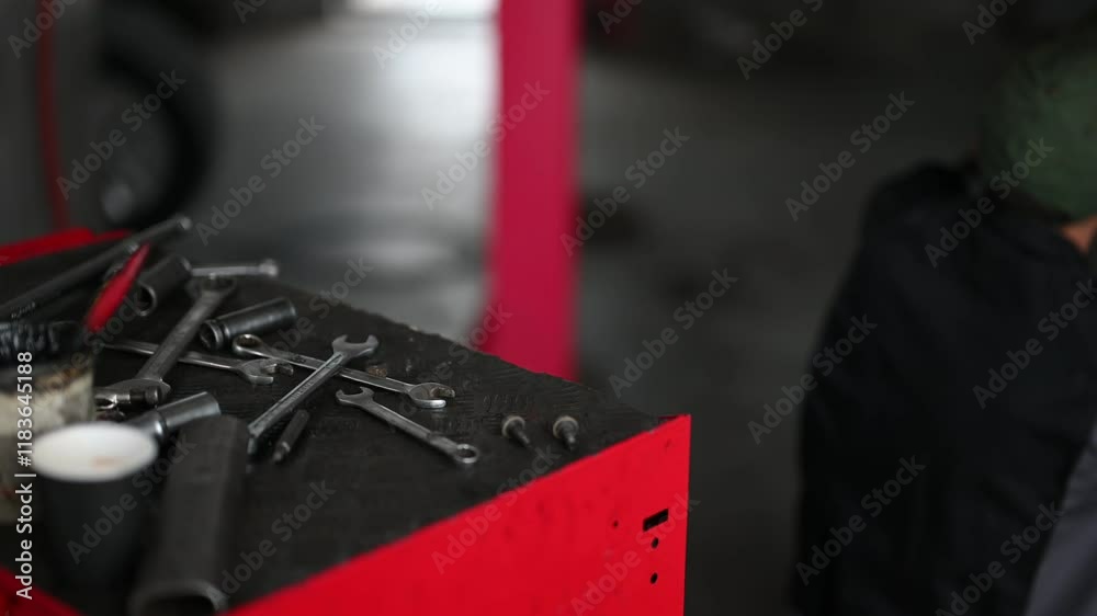 Close up shot of tools on a red workbench with a mechanic working in ...