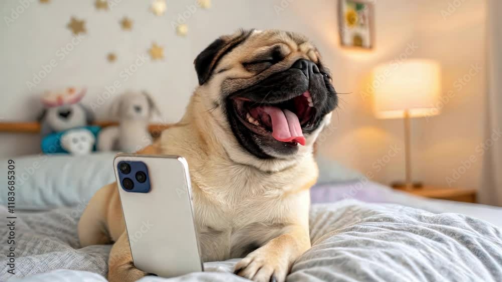 Funny pug dog laughing at funny social media content on a smartphone ...