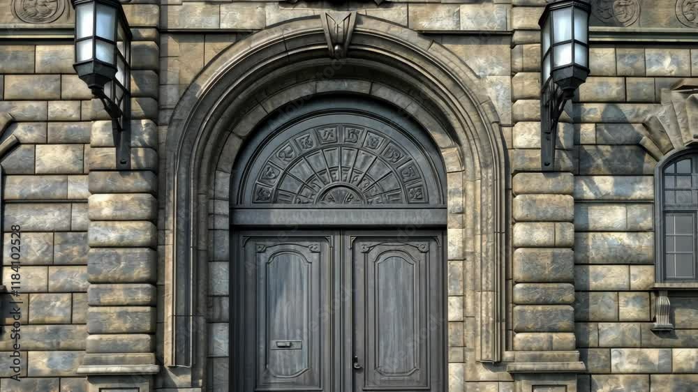 Historic building entrance with ornate details and vintage lanterns in ...