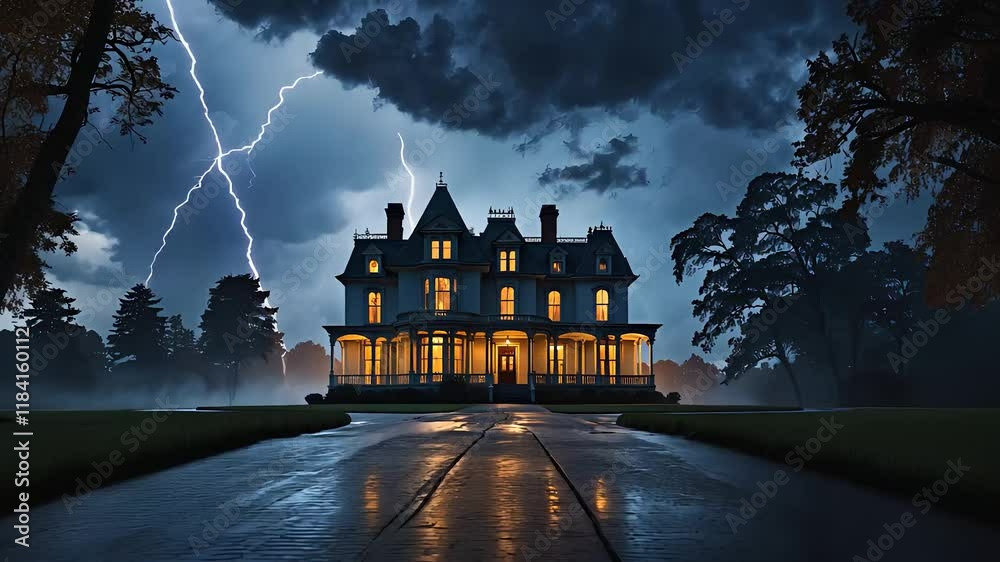 Spooky Mansion with Glowing Windows Under a Stormy Night Sky with ...