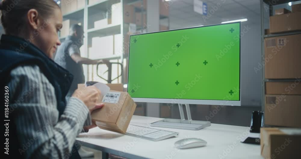 Female Warehouse Associate Scans Code on Cardboard Box with Scanner ...