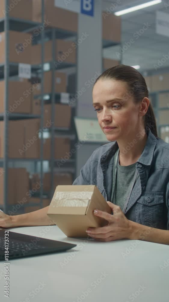 Female post office worker scans cardboard parcel using scanner, enters data on laptop computer ...