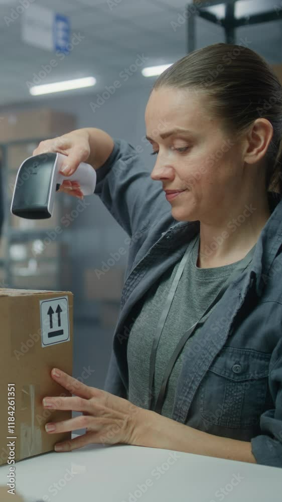 Logistics center: Female post office employee scans cardboard parcel using barcode scanner ...