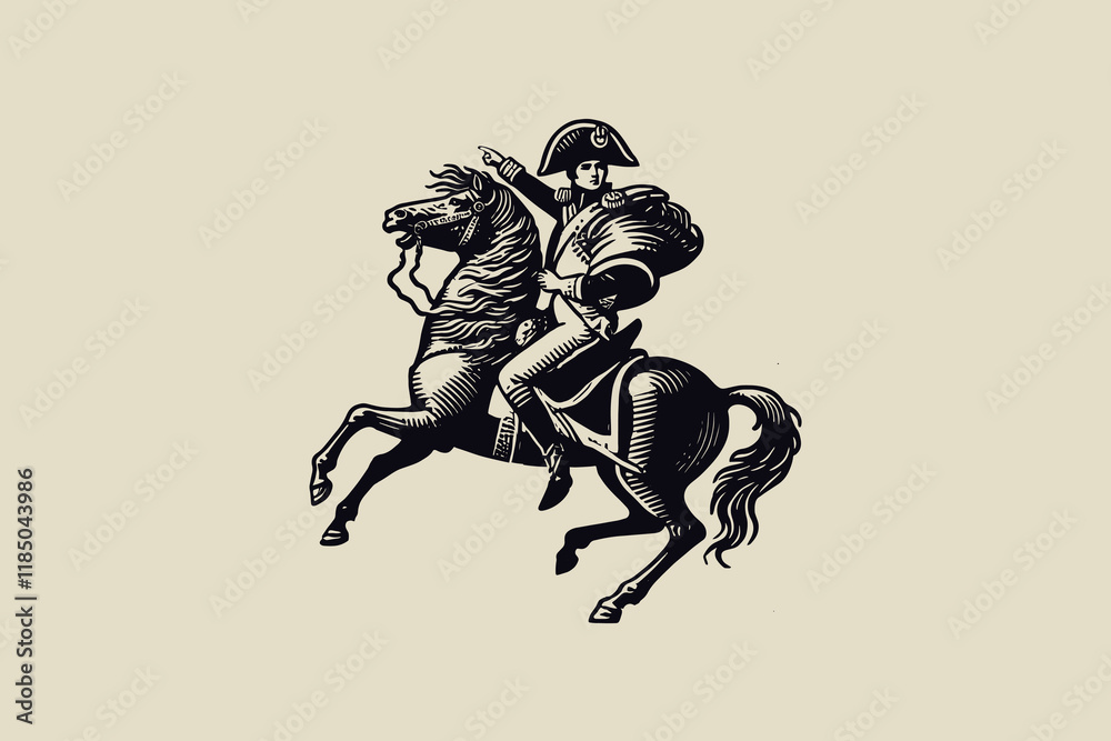 Poster Gravure noire vintage de Napoléon sur un cheval, fond beige ...