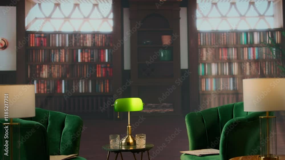 Cozy vintage library with green chairs and whiskey glasses create a ...