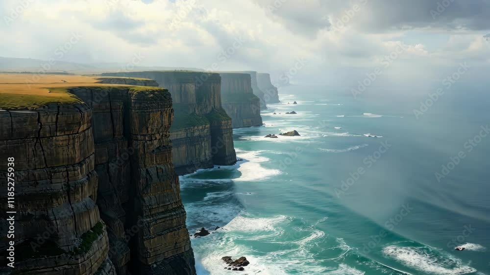 Explore stunning cliffs along the coast with dramatic waves and a moody ...
