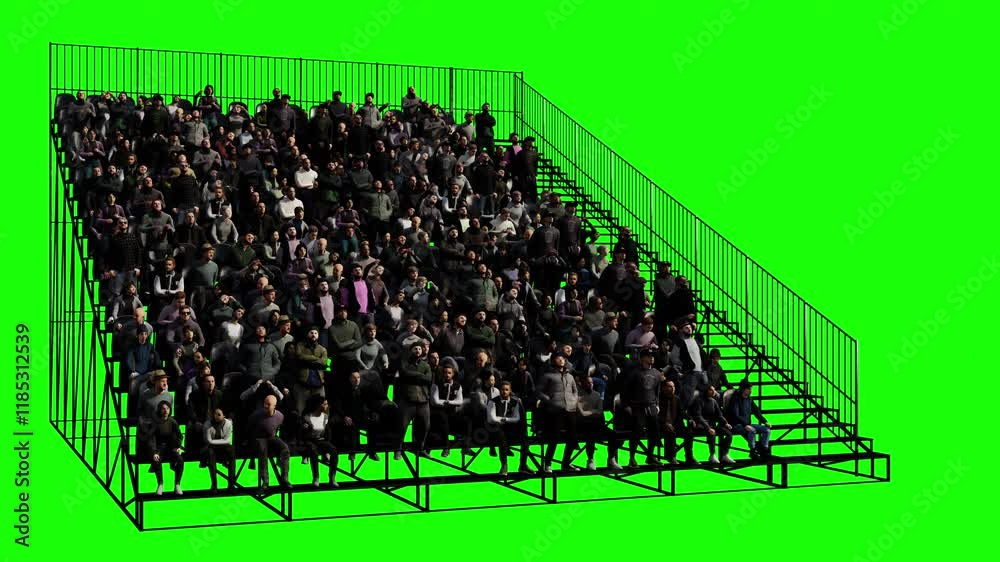 Green Screen 3D Crowd on Grandstand, Front View People Sitting and ...