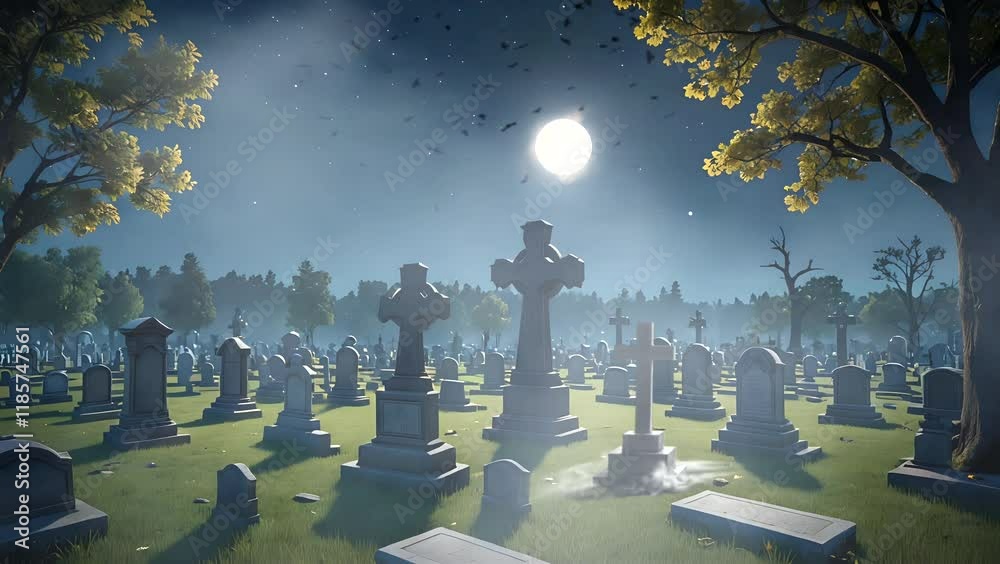 Cemetery landscape, graveyard tombstones background, vector Halloween ...