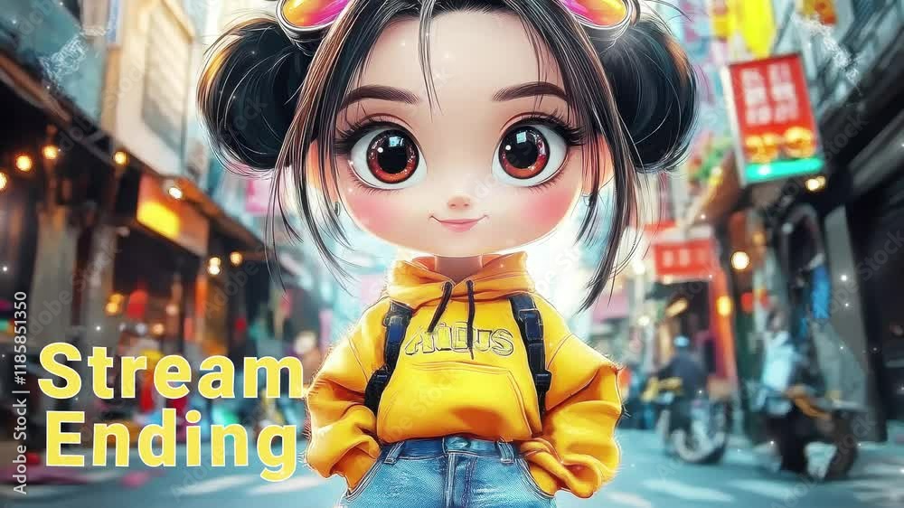 Colorful animated character bids farewell in a lively city street full ...